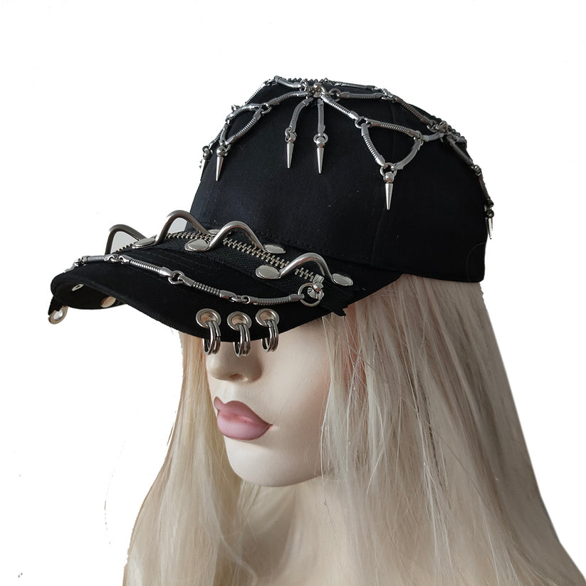 Rock Black Studded Cap with Zipper - Chain Cap - Gothic Baseball Cap ...