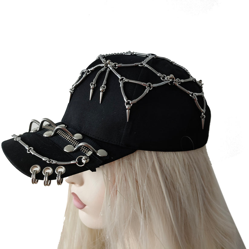 Rock Black Studded Cap with Zipper - Chain Cap - Gothic Baseball Cap ...